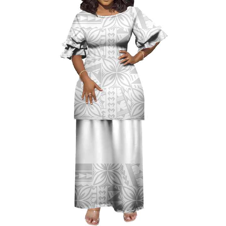 Samoa Puletasi Polynesian Tribal Print White Custom Ladies Plus Size Women's Sets Church Dress ...