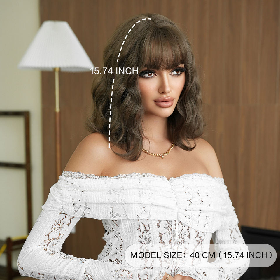 16-inch Curly Brown Hair Wig With Bangs For Daily Wear & Oem
