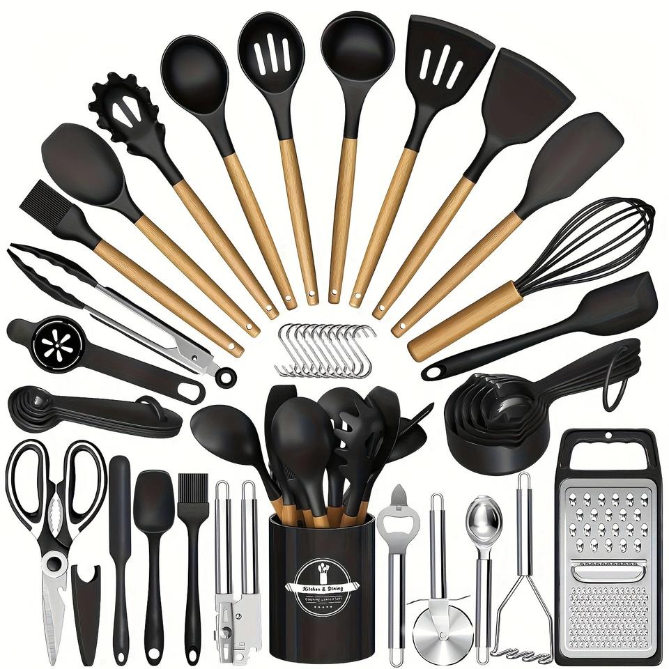 44-Piece Non-Stick Silicone Kitchen Utensils Set with Black Wooden ...