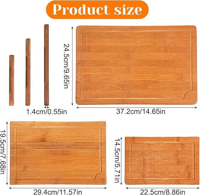 Heavy-Duty 3-Piece Bamboo Cutting Board Set Kitchen Wood Butcher Block with Juice Groove Handles ...
