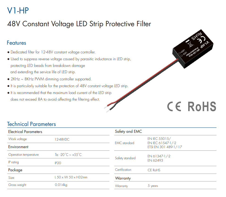 SKYDANCE 12-48VDC 1CH CV LED Strip Protective Filter for Extending the ...