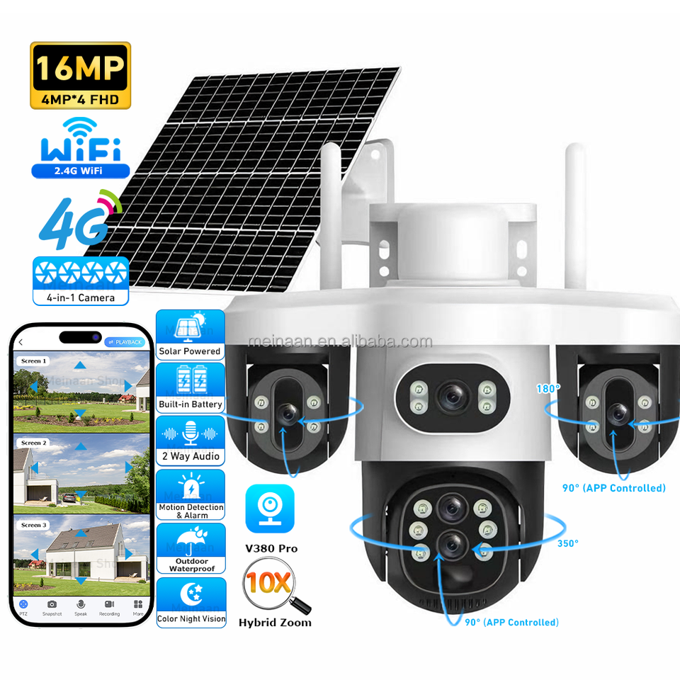 WiFi 4G Solar Panel Powered Wireless 4 Lens 3 PTZ Camera 10X Zoom V380 ...