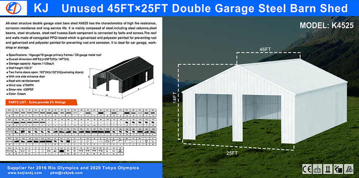 KJ 45 FT X 25FT Prefab Metal Frame Garage Shed Building