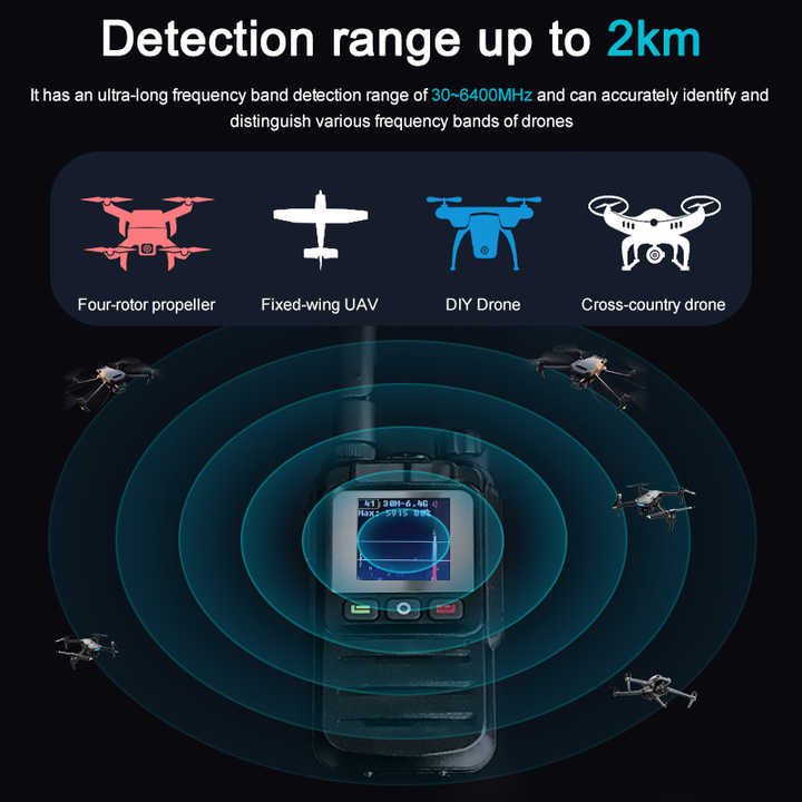 Portable Handheld UAV Counter Anti Drone Detector 2KM Long Distance 50-6000MHz Alarm System ...