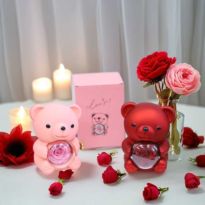Acrylic Hug Bear Necklace Ring Box with Preserved Roses