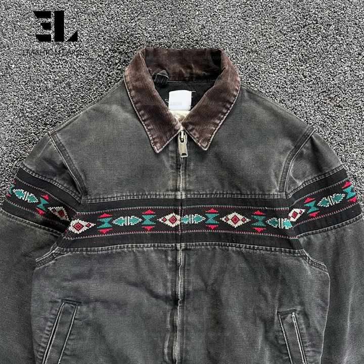LARSUR Custom Distress Wash Heavy Duck Canvas Aztecs Print Work Jacket ...