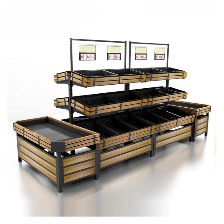 Metal Wooden Display Shelves for Fruit & Veg in Supermarkets