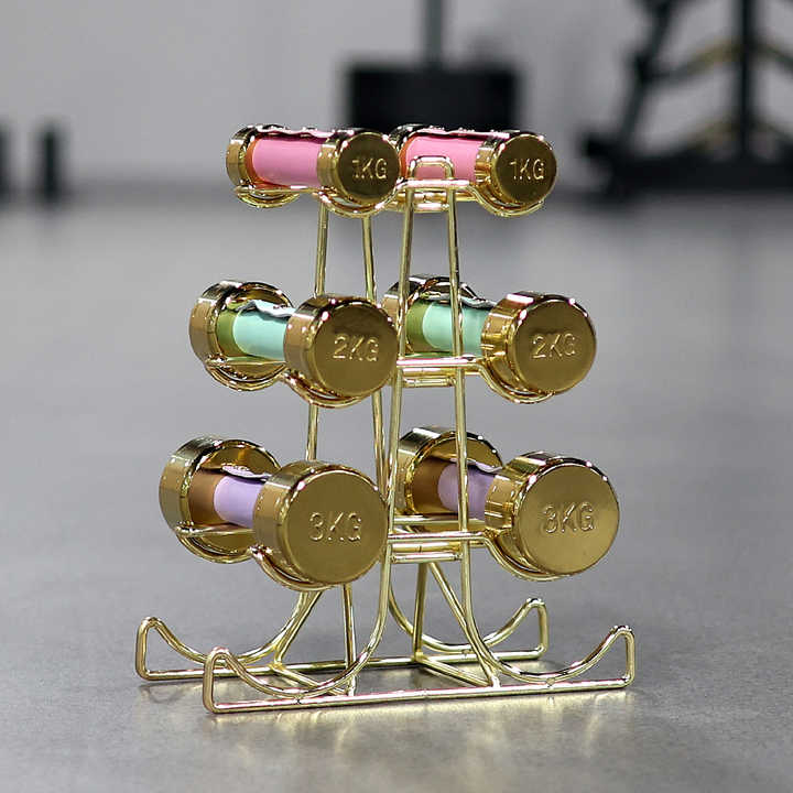 SMARTFIT 12kg Round Golden Steel Dumbbell Sets With Rack 1kg 2kg 3kg Colorful Leather Handle ...