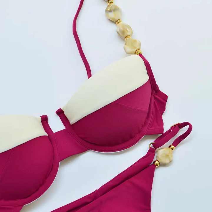Baishiwei 2025 Sexy Solid Patchwork Bikini Sets for Women Underwire Push up Two Pieces With Bead ...