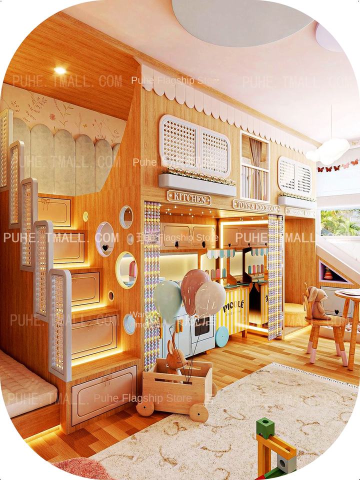 Double-decker loft bed with slide, creative and personalized game ...