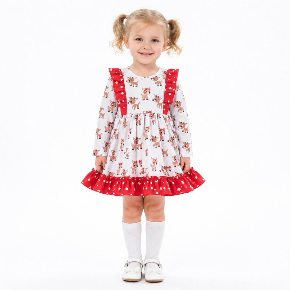Cartoon Reindeer Pattern Red Frill Trim Long Sleeve Children Dress 3 ...