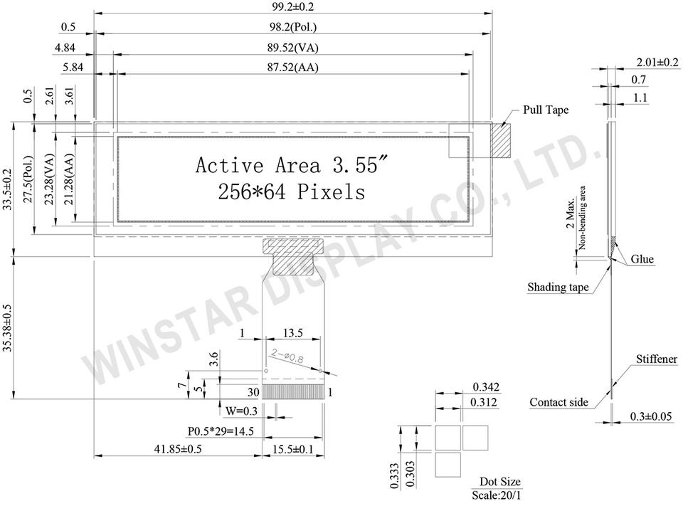 3.55" 256x64 COG OLED Display with Grayscale Support - WEO025664D for ...