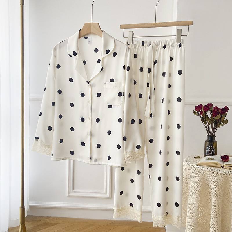 Women Silky Satin Pajamas Set Shawl Collar Lace Trim Long Sleeve Pants ...