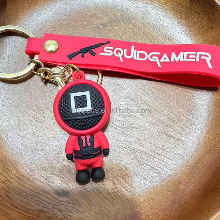 3D Cute Squid Game Character Key Chain with Rubber Lanyard Red| Alibaba.com