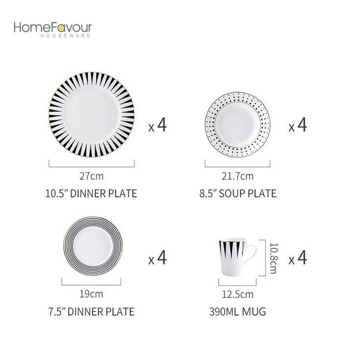 Shop Our 16pcs Porcelain Dinnerware Set - White & Black Gold Rim