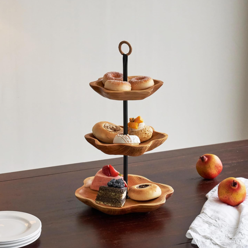 Food-grade Paint Wood Serving Plate 3 Tier Round Wood Fruit Snack ...