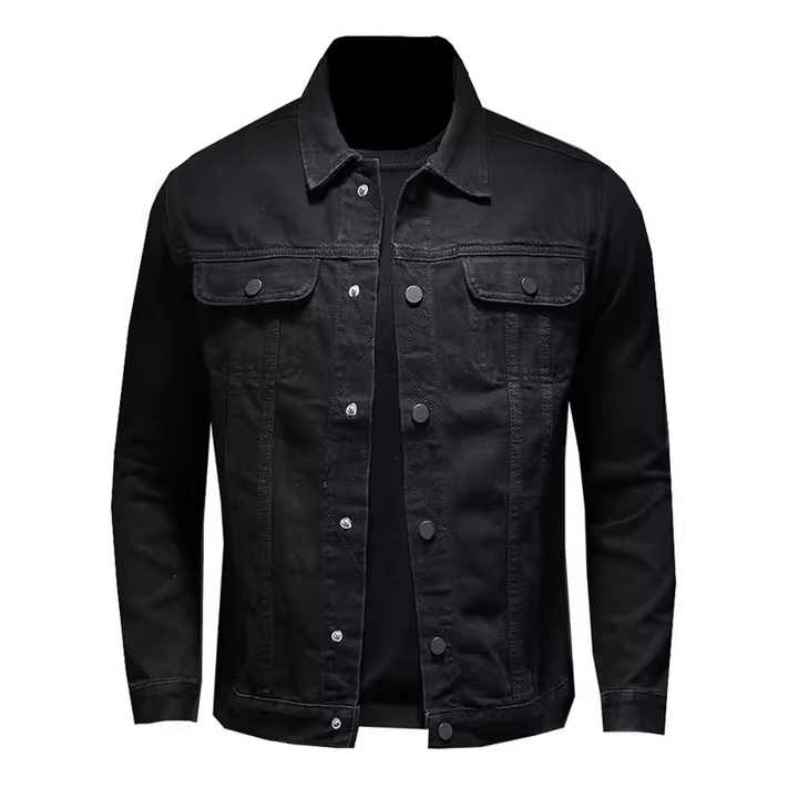 Black Snap Button Jacket Multi Pocket Solid Color Coat Cotton Fabric ...
