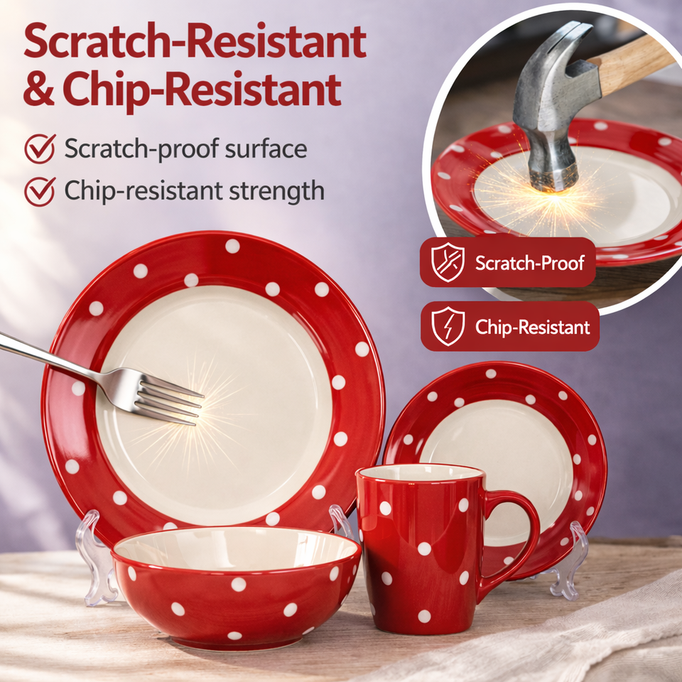 Guangda 16-Piece Red Polka Dot Stoneware Dinnerware Set | Plates Bowls ...