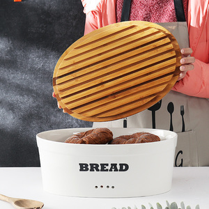 White Ceramic Bread Box - Eco-Friendly Storage with Bamboo Lid
