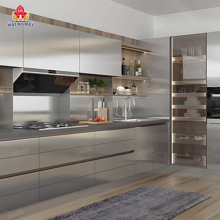 High Gloss L Shape Gray Modular Stainless Steel Kitchen Cabinets
