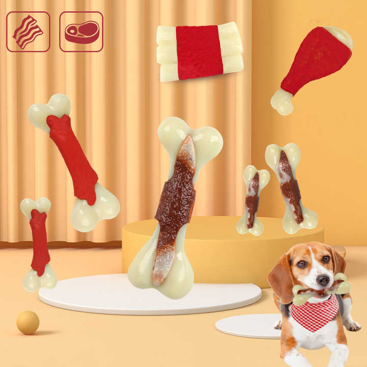Durable Nylon Rubber Mix Dog Chew Bone Toy - Beef Bacon Flavor Infused