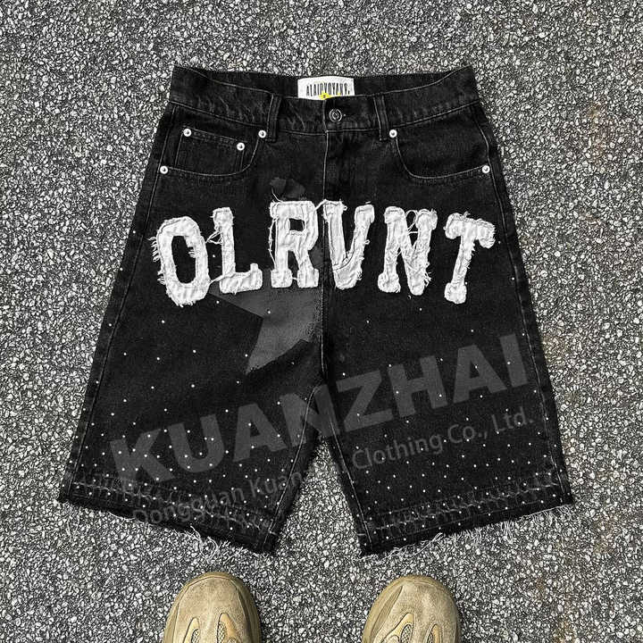 Custom Streetwear Denim Shorts Distressed Embroidery Patch Rhinestone ...