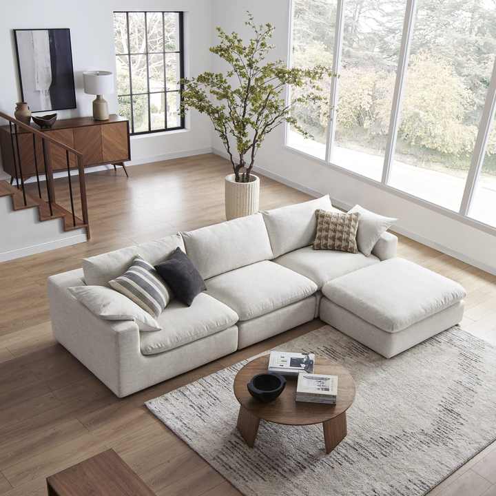 Modern L-Shaped Modular White Sectional Sofa 3 Seater Couch with Ottoman