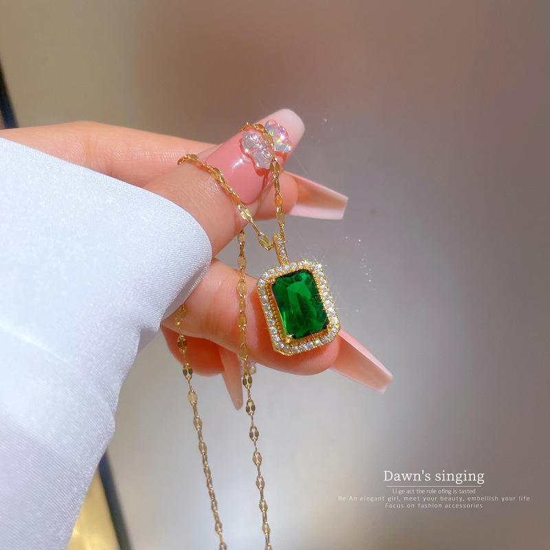 High Quality Geometric Square Emerald Green Pendant Necklace Gold ...