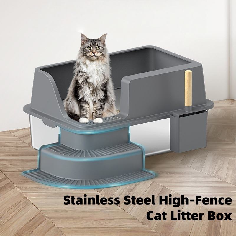 Oversize 20L Semi-Enclosed Stainless Steel Rectangle Cat Litter Box 60* ...