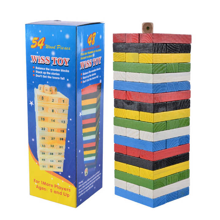 48pcs 54pcs Colorful Wooden Tumbling Tower Game Set Number Print Tumble ...