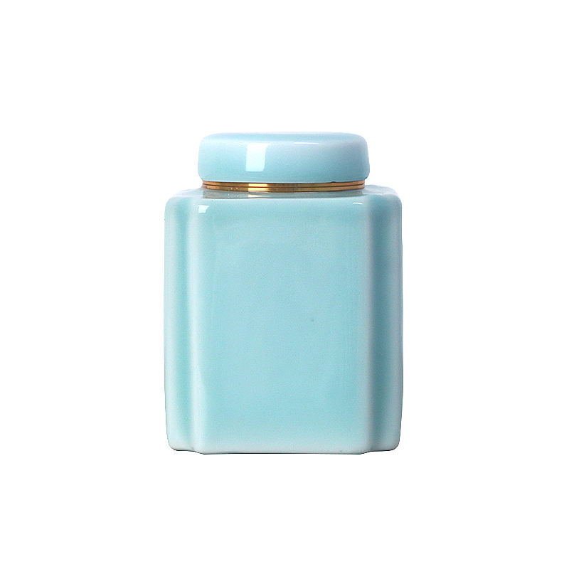 Light Blue Square Ceramic Jar with Gold Accent Lid for Home Decor ...