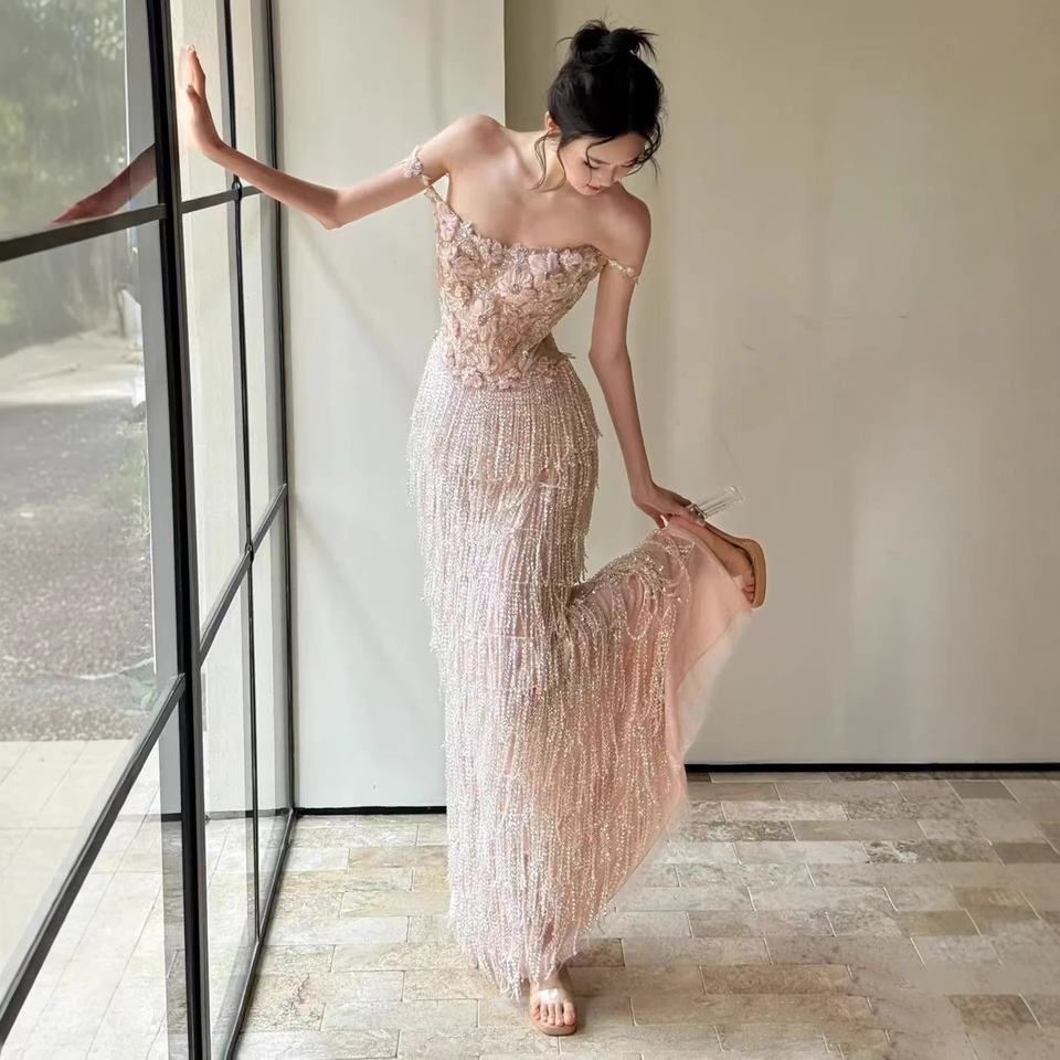 S2347N 2026 New Heavy High-end Light Luxury pink Strapless Niche Tassel ...