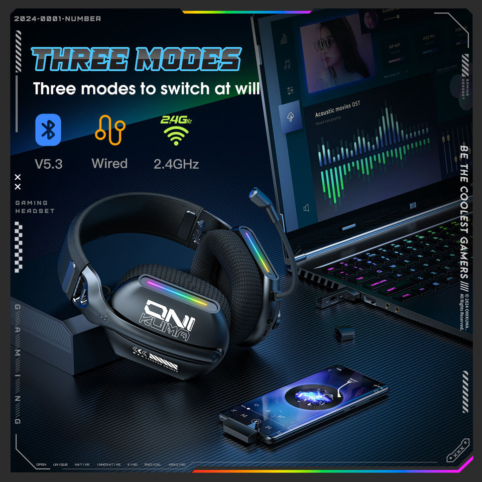 ONIKUMA GT808 Tri-Mode Wireless Gaming Headset - RGB Over-Ear HiFi ...