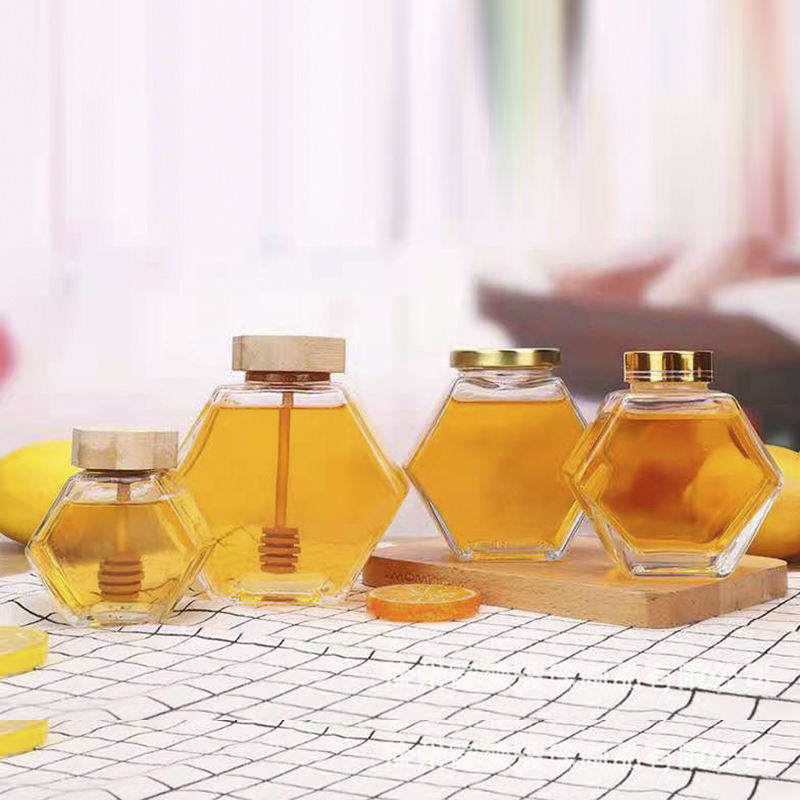 Wholesale Empty Hexagon Glass Jar with Wooden Stick Metal Lids Clear ...