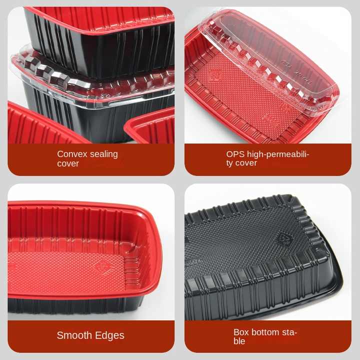 22OZ Red Black Disposable Commercial Lunch Box OPS Cover 700ml Thick PP ...