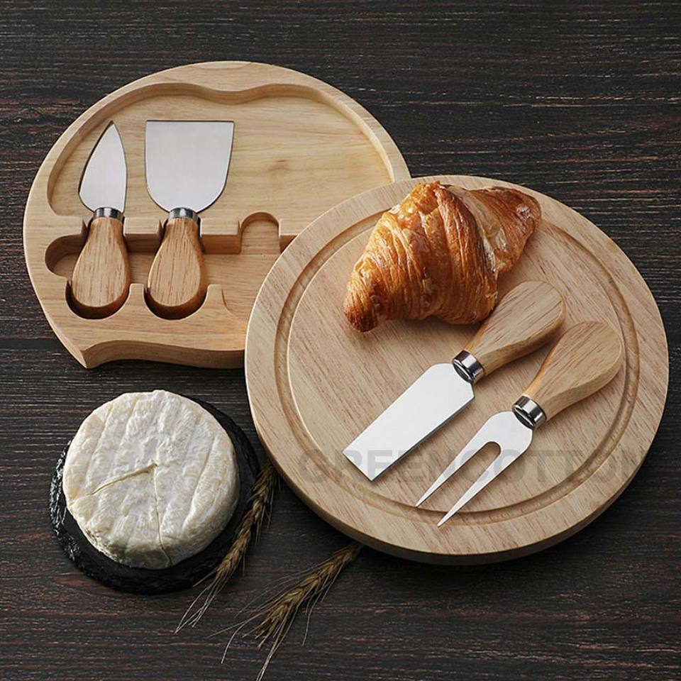 Custom logo Round Rubberwood 4-piece Set Stainless Steel Cheese Tool ...