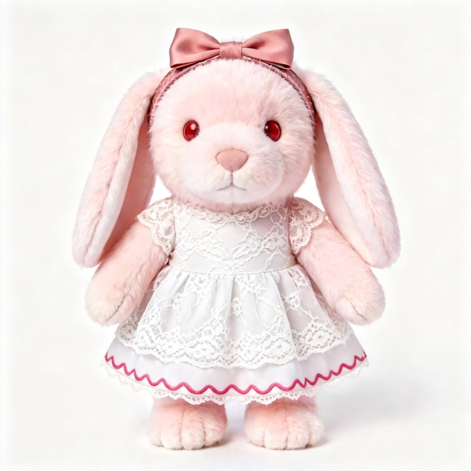 Peach Pink Floppy Ear Bunny Plush Doll With Satin Bow White Dress and ...