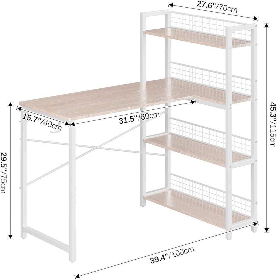 Small Space Wooden White 4-Tier Bookshelf 6 Hooks L-Shaped Desk Home ...