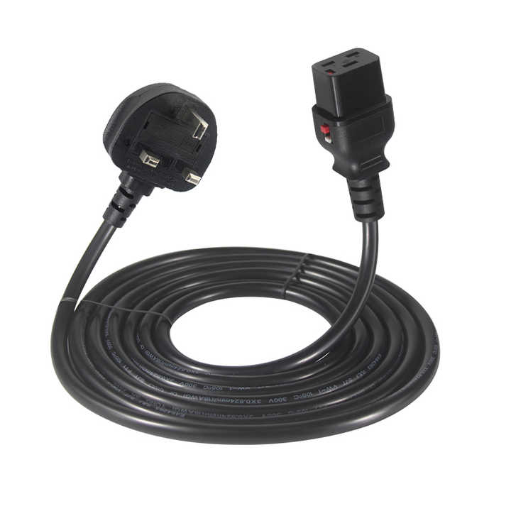 1.8m H05VV-F 0.75mm Black C19 Lock 13A Fused UK 10A 250V BS Standard ...