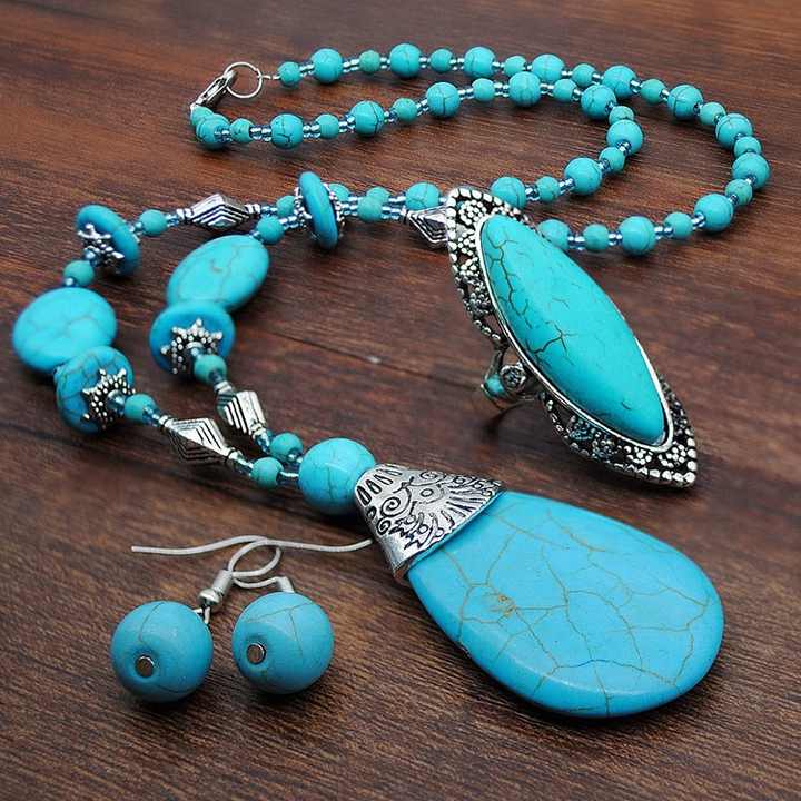 Vintage Western Jewelry Turquoise Sets Ethnic Style Necklace Bracelet ...