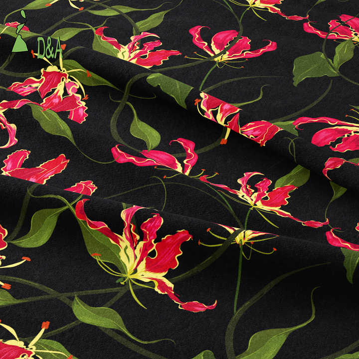 Wholesale 100% Rayon Fabric Black Background Red Flower Print Woven ...