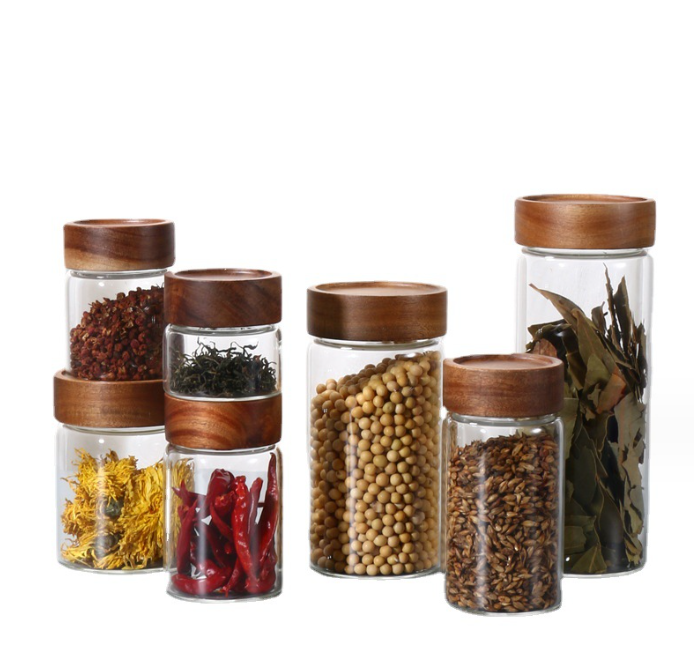 High Borosilicate Glass Storage Containers with Threaded Acacia Lid ...