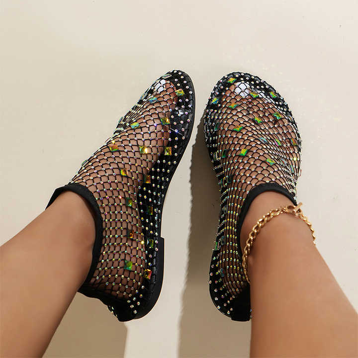 Europe Round Head Flat Color Big Diamond Elastic Sandals Women's Large ...