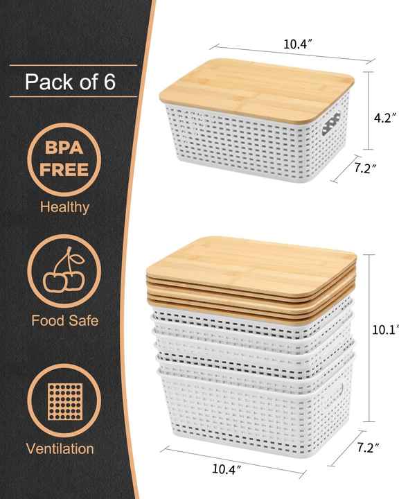 New Arrival 6-Piece White Plastic Storage Bins Bamboo Lids Organization ...