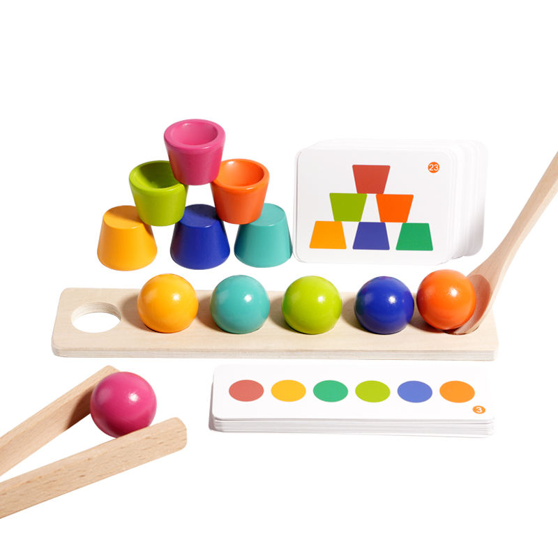 Montessori Wooden Color Ball Stacking Cups Blocks Educational Toy for 2 ...