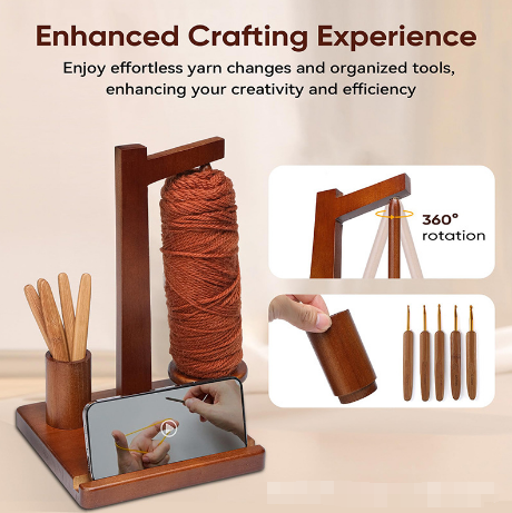 Yarn Spool Rack Fakrich Wooden Yarn Holder With Phone Stand, Crochet ...