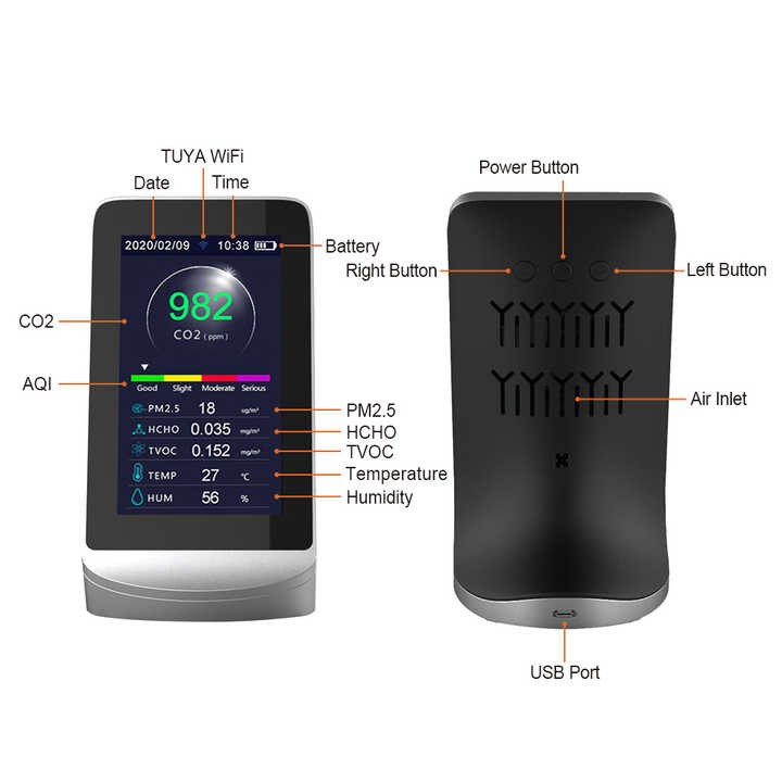 Smart Air Quality Sensor CO2/PM2.5/HCHO/TVOC Gas Detector with Tuya ...