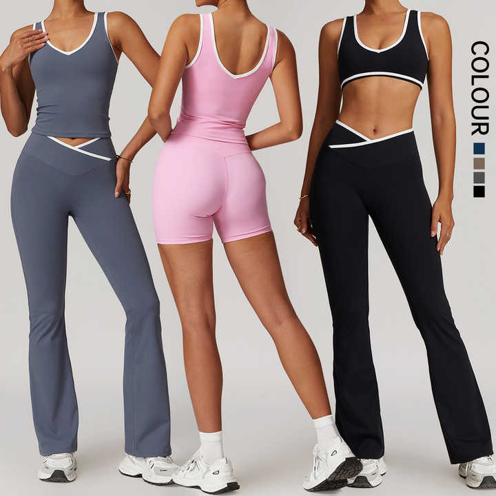 SHINBENE Women 4Pcs Sexy Contrast Color Sports Bra Crossover Flare ...