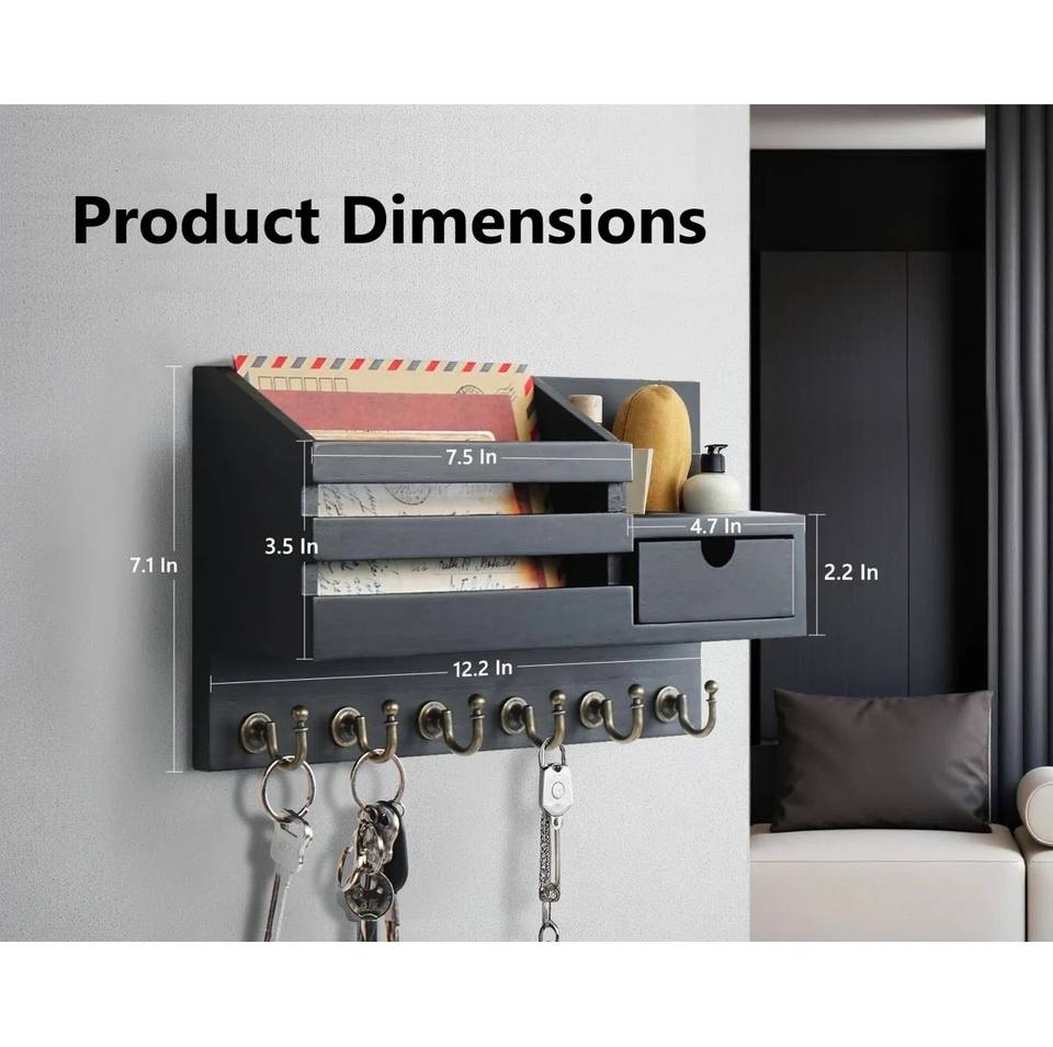 Wooden Hanging Mail Sorter Letter Organizer Wall Mount Key Rack with 6 ...