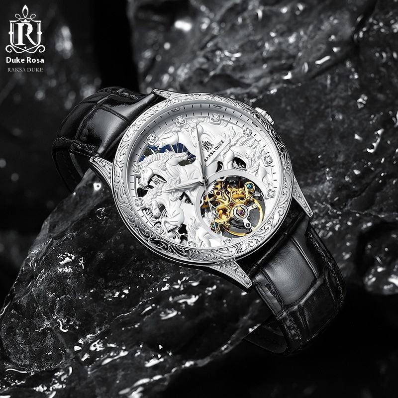 Duke Rossa Watch 3D Engraved Vintage Men's Fully Automatic Mechanical ...
